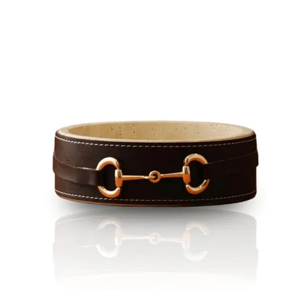 MARLETH Neutrals / Natural Travertine Decorative Bowl With Leather Belt & Gold Horsebit Detail - Black