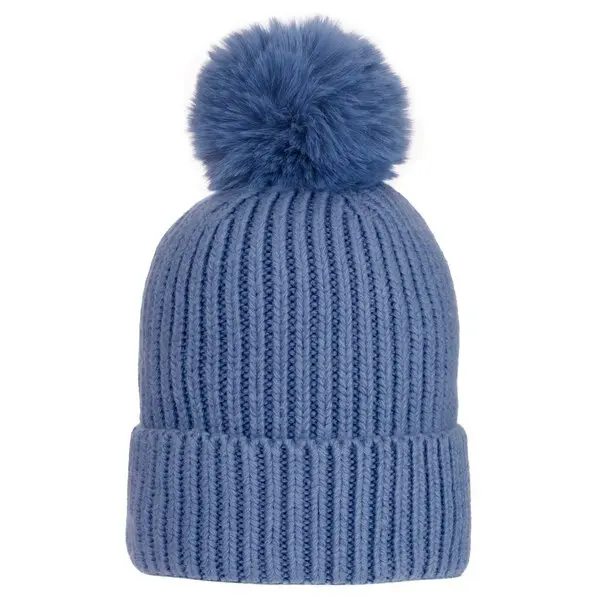 AT LAST... Super Soft Chunky Cashmere Mix Hat With Pom Pom In Denim - Blue