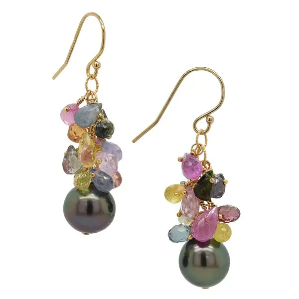 LORI KAPLAN DESIGN Sapphire Cluster With Tahitian Pearl Earrings - Black