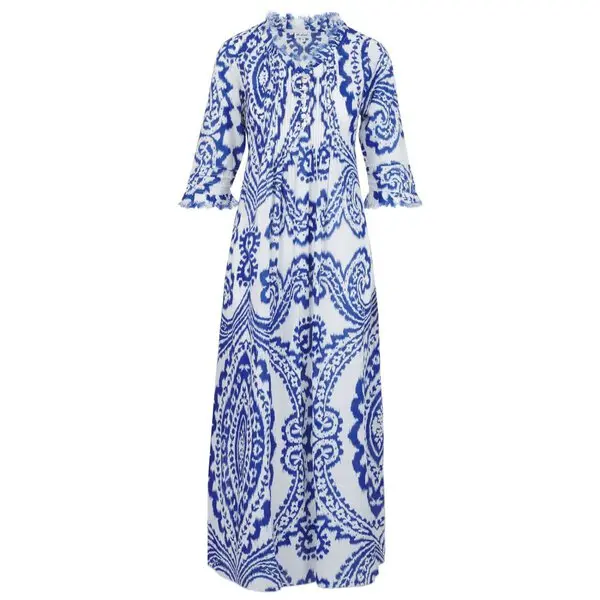 AT LAST... Cotton Annabel Maxi Dress In & White Ikat - Blue
