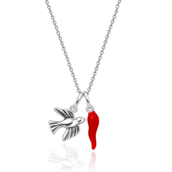 UNALOE Silver / Red Sterling Silver Dove And Red Horn Charm Necklace - Silver/red