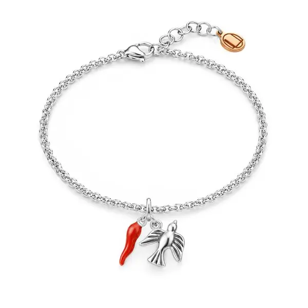 UNALOE Silver / Red Sterling Silver Dove And Red Cornicello Charm Bracelet - Silver/red