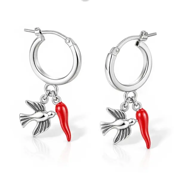 UNALOE Silver / Red Sterling Silver Dove And Red Italian Horn Hoop Earrings - Silver/red