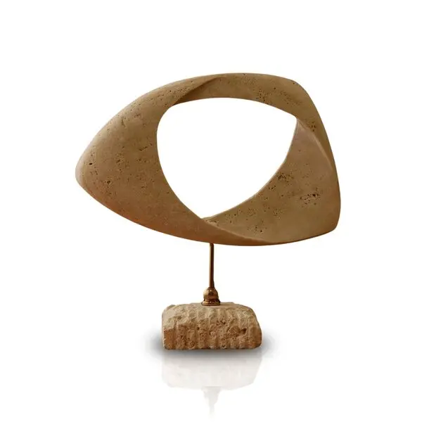 MARLETH Neutrals / Hand-carved Natural Travertine Abstract Sculpture With Brass Accent & Stone Base - Gold