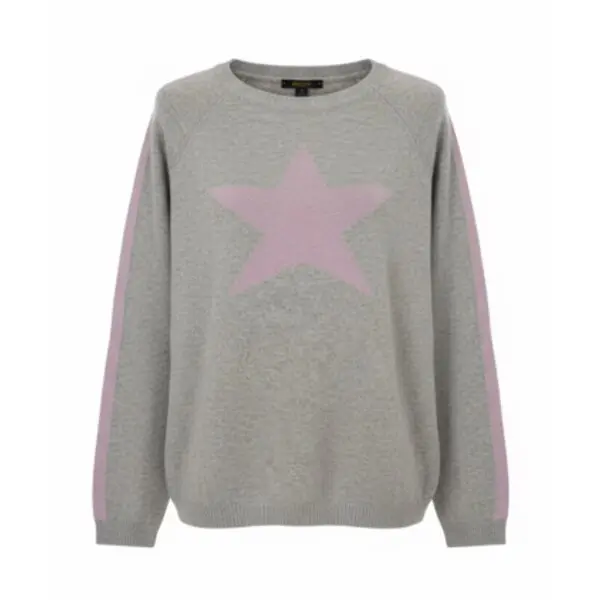 AT LAST... Cashmere Mix Sweater In Light With Lilac Star & Armstripe - Grey