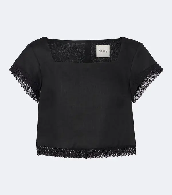 Posse Alfie Cropped Embroidered Linen Top - Black