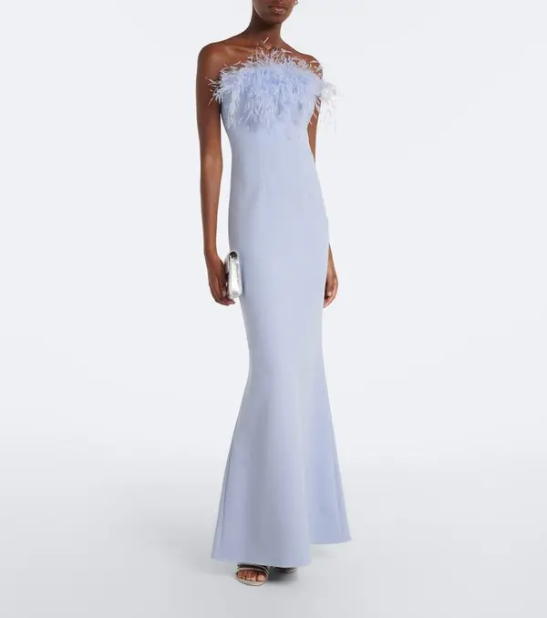Safiyaa Feather-trimmed Crepe Gown - Blue