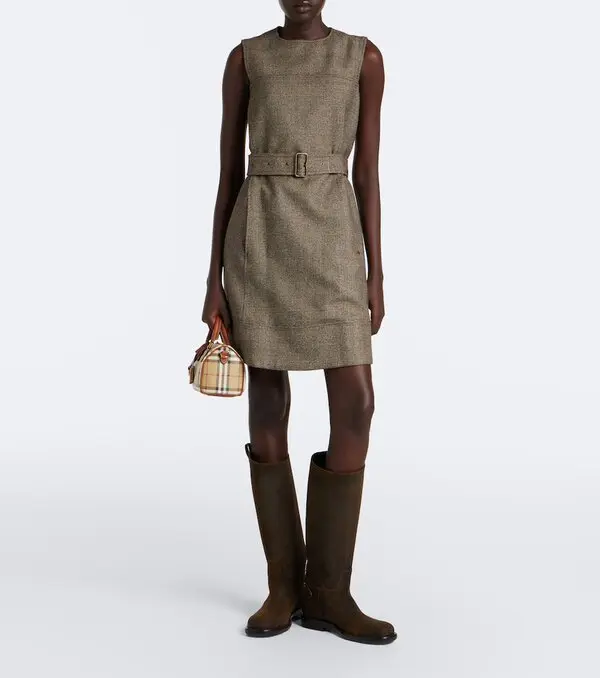 Burberry Belted Checked Wool And Linen-blend Minidress