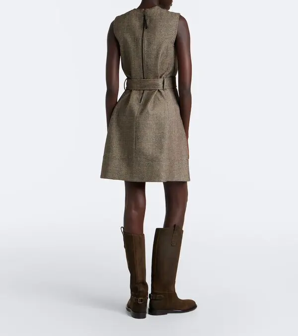 Burberry Belted Checked Wool And Linen-blend Minidress