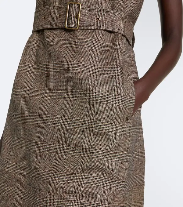 Burberry Belted Checked Wool And Linen-blend Minidress
