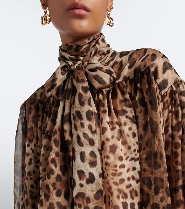 Dolce & Gabbana Leopard-print Tie-neck Silk Blouse