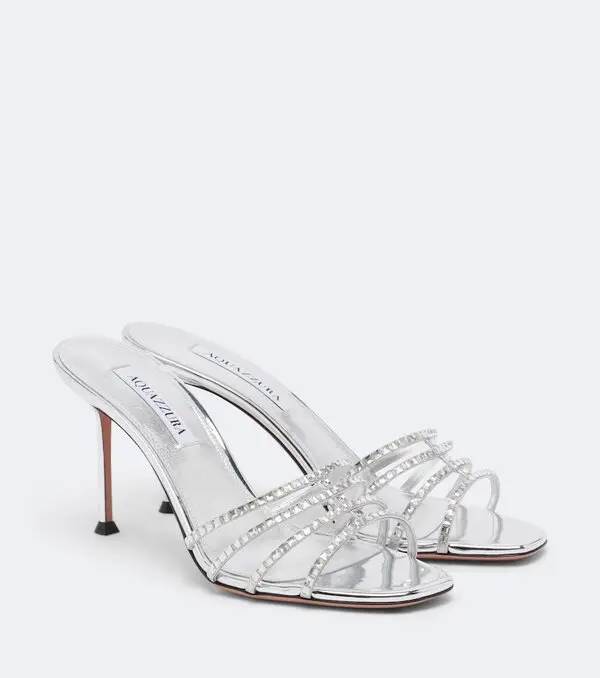 AQUAZZURA Sensation Crystal Metallic Leather Mules - Silver