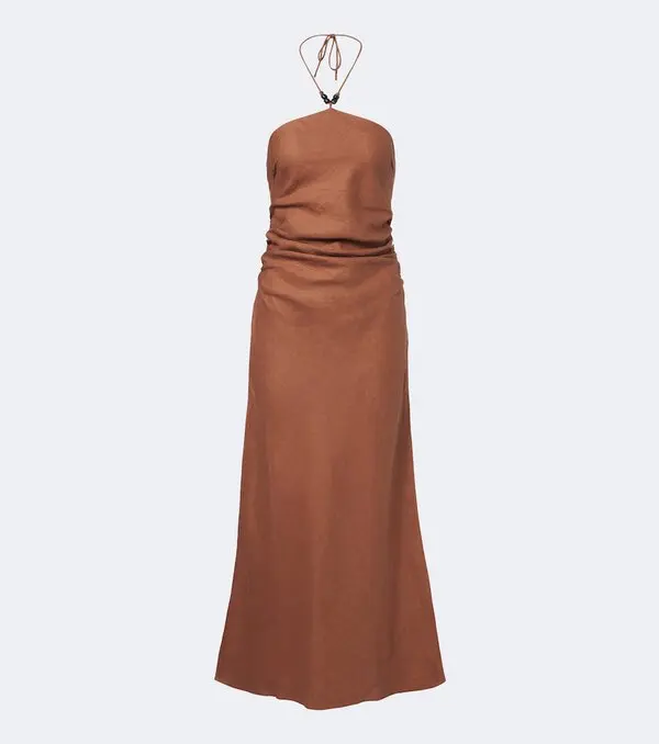 Faithfull The Brand Natalia Halterneck Linen Midi Dress - Brown