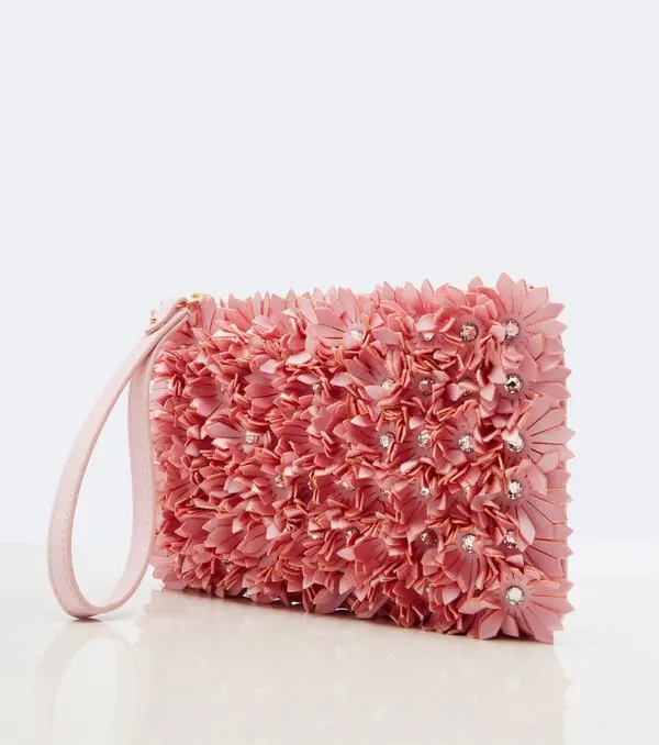 Valentino Garavani Floral Appliqué Satin Pouch - Pink