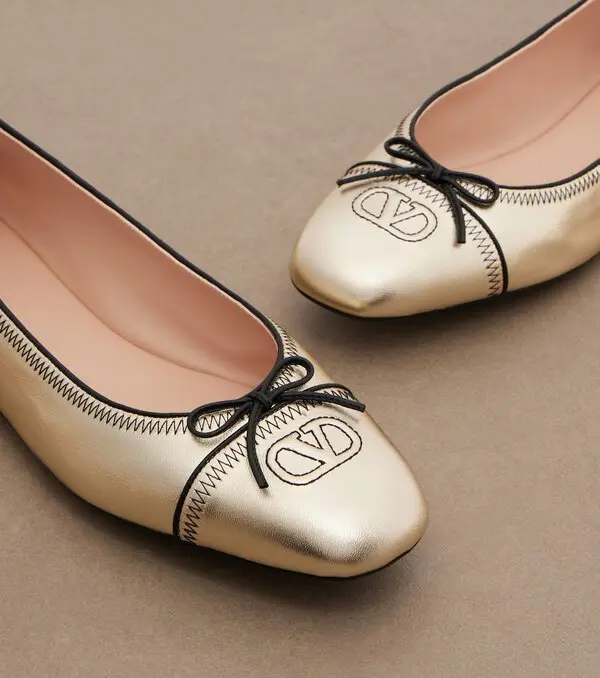 Valentino Garavani Vlogo Embroidered Metallic Leather Ballet Flats
