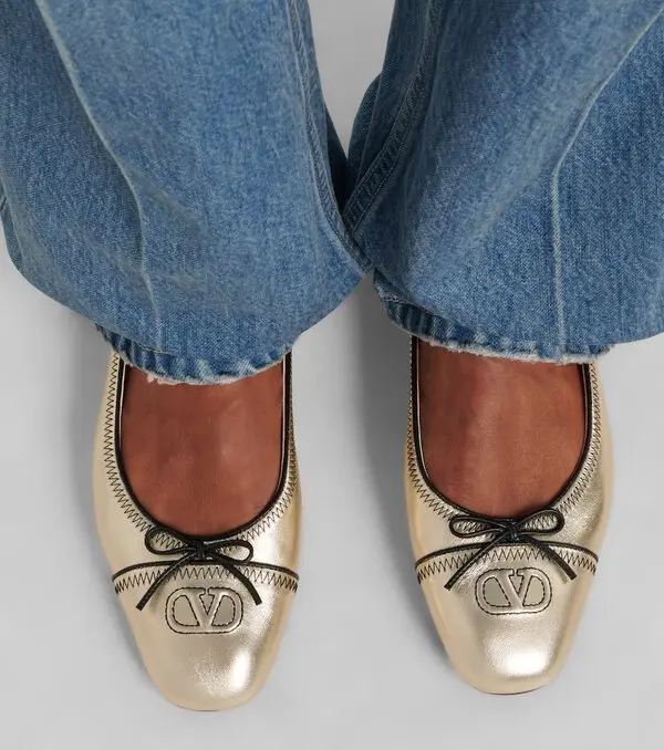Valentino Garavani Vlogo Embroidered Metallic Leather Ballet Flats