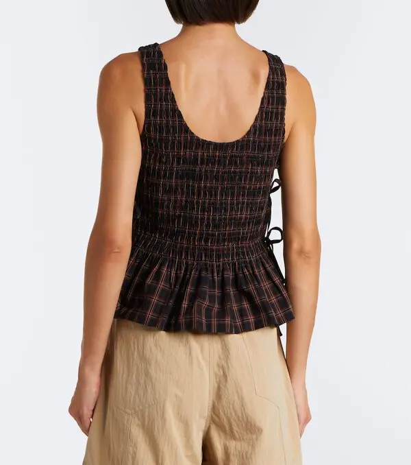 GANNI Checked Shirred Cotton Top