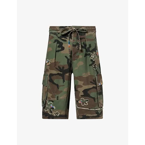 NAHMIAS Floral-embroidered Uflage Cotton Shorts - Camo
