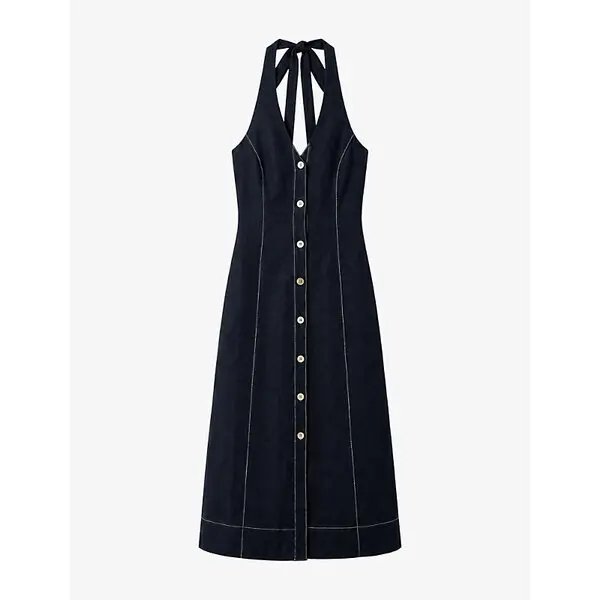 OMNES Octavia Halter Linen-blend Midi Dress - Navy