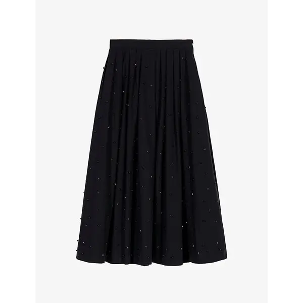 Maje Flared Embellished Cotton Midi Skirt - Black