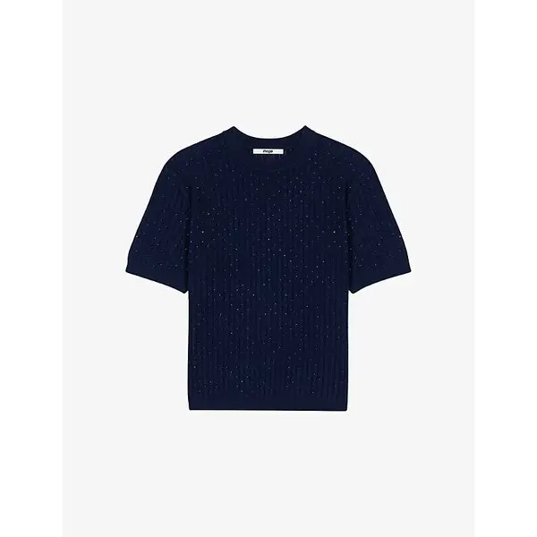 Maje Short-sleeved Rhinestone-embellished Wool-blend Jumper - Navy