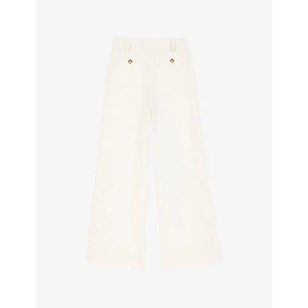 Maje Straight-leg High-rise Tweed Cotton-blend Trousers - Ecru