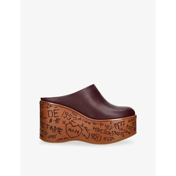 Chloé Brand-print Leather Wedge Heeled Mules - Wine