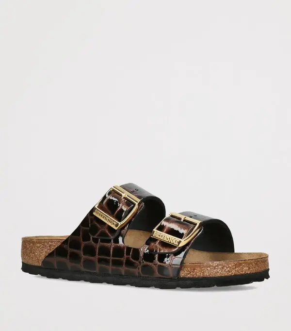 BIRKENSTOCK Leather Croc-embossed Arizona Sandals - Black