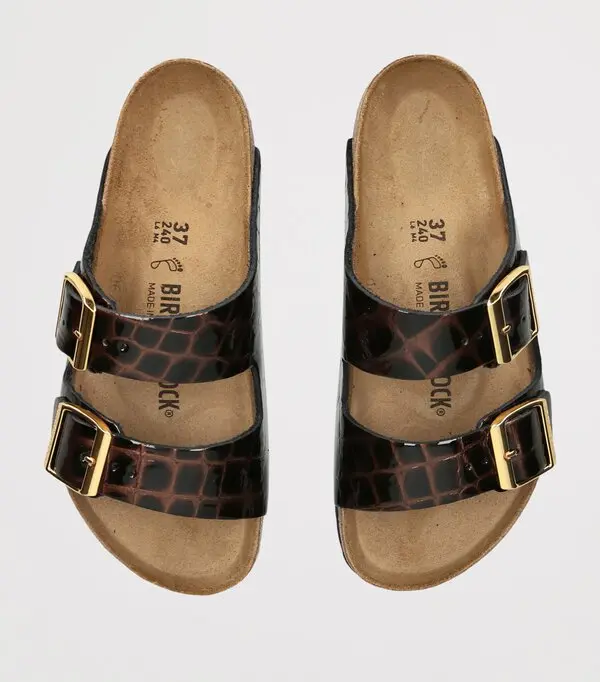 BIRKENSTOCK Leather Croc-embossed Arizona Sandals - Black