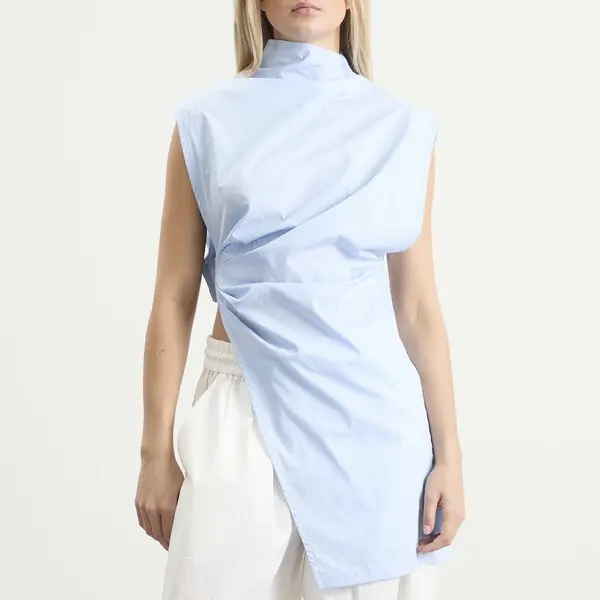 TOLU COKER Cotton Asymmetric Drape Blouse - Blue