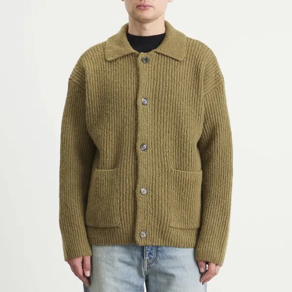 AMI Paris Felted & Chunky Wool Ribbed Knit Cardigan