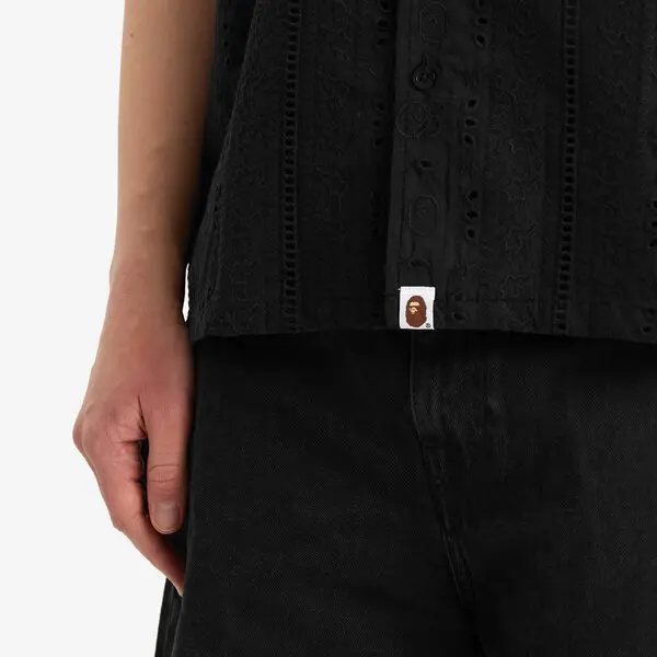 A BATHING APE Embroidery Open Collar Ss Shirt - Black