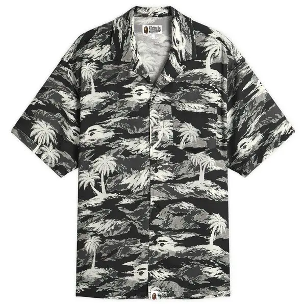 A BATHING APE Palm Tree Camo Open Collar Pocket Ss Shirt - Black