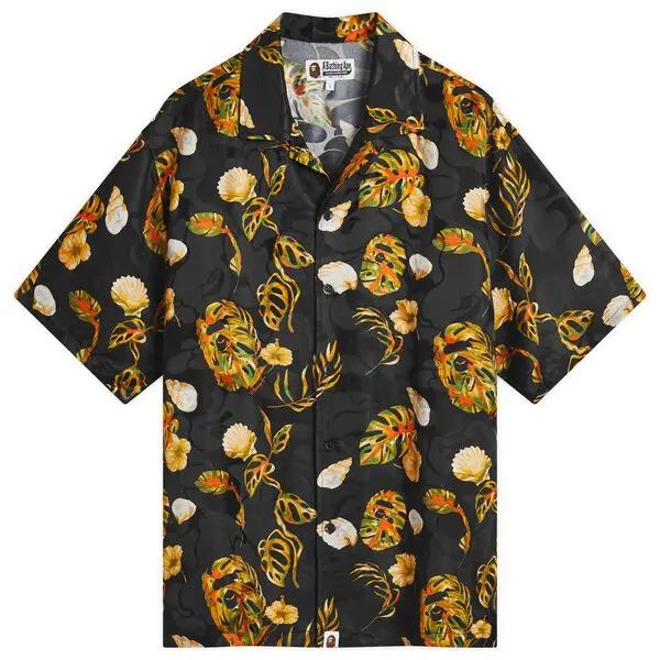A BATHING APE Vacation Pattern Open Collar Ss Shirt - Black