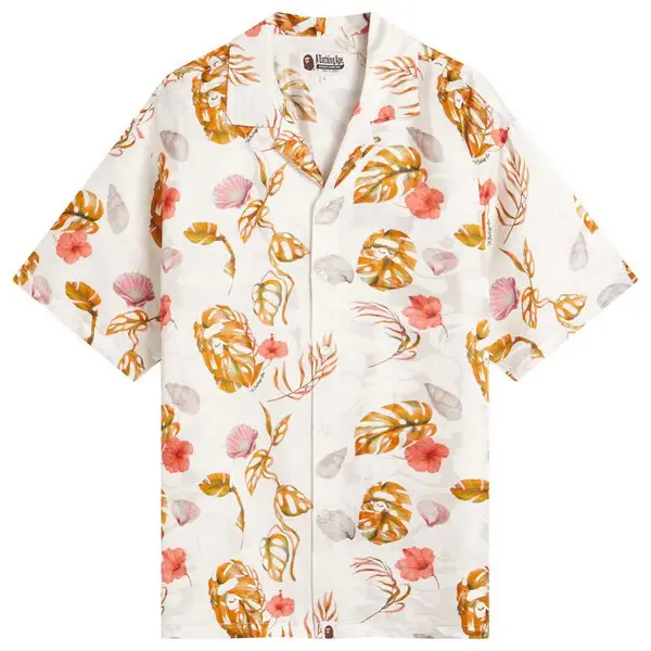 A BATHING APE Vacation Pattern Open Collar Ss Shirt - White