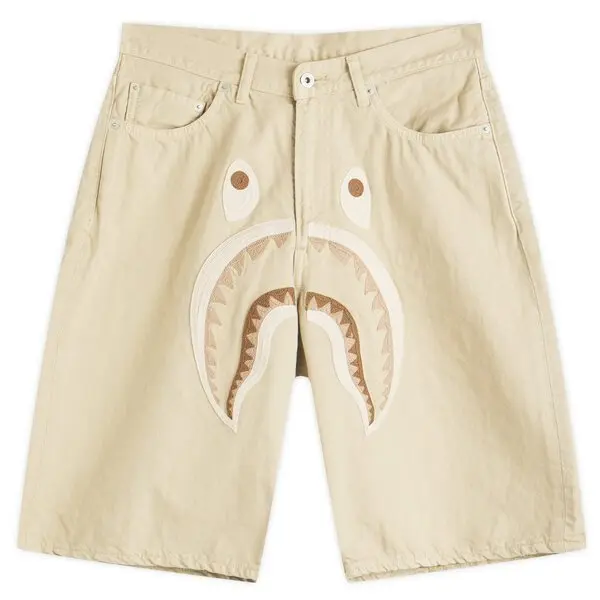 A BATHING APE Shark Garment Dye Relaxed Fit Denim Shorts - Beige