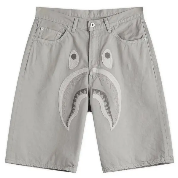 A BATHING APE Shark Garment Dye Relaxed Fit Denim Shorts - Grey