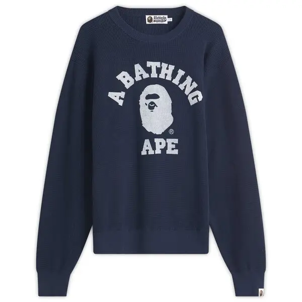 A BATHING APE College Waffle Crewneck Sweater - Navy
