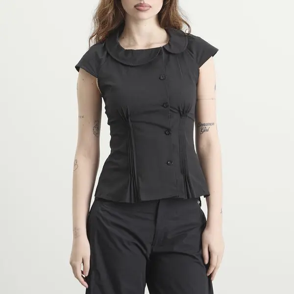 PEACHY DEN Asymmetric Collar Blouse - Black
