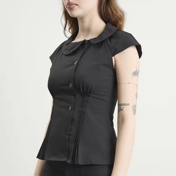 PEACHY DEN Asymmetric Collar Blouse - Black