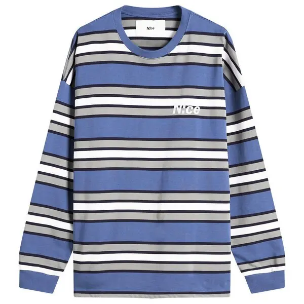 N!CE Border Stripe Long Sleeve T-shirt - Blue