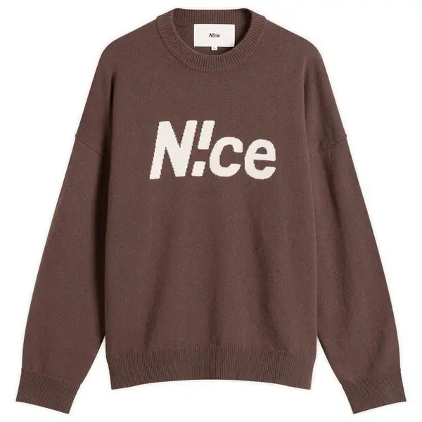N!CE Intarsia Logo Knit Sweater - Brown