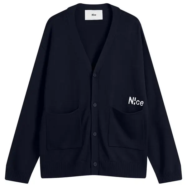N!CE Embroidered Logo Knit Cardigan - Navy