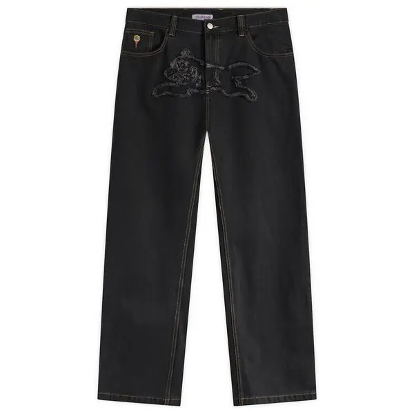 ICECREAM Applique Running Dog Double Scoop Denim Pants - Black