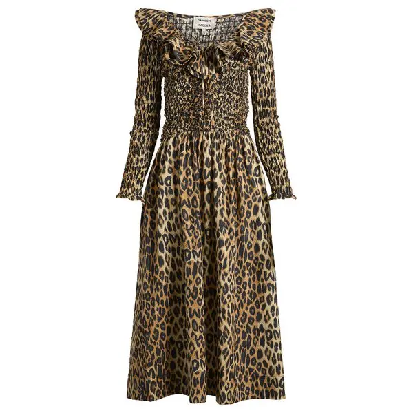 DAMSON MADDER Harper Shirred Midi Dress - Leopard