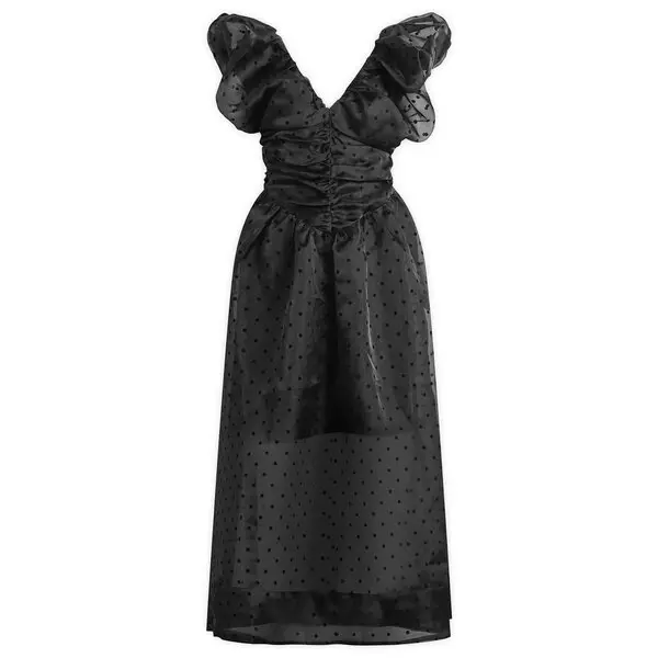 GANNI Flocked Organza Long Ruched Dress - Black