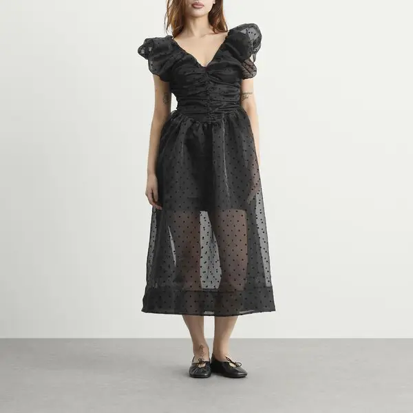 GANNI Flocked Organza Long Ruched Dress