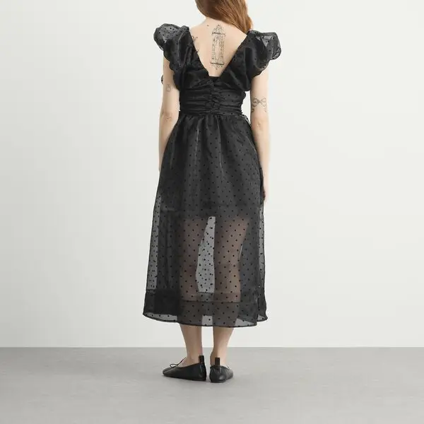 GANNI Flocked Organza Long Ruched Dress