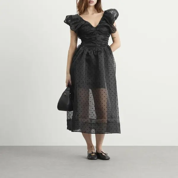 GANNI Flocked Organza Long Ruched Dress