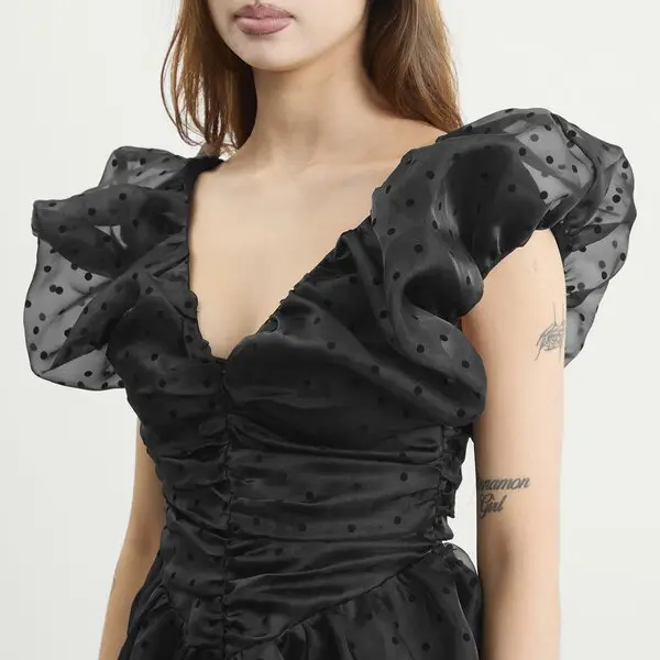GANNI Flocked Organza Long Ruched Dress